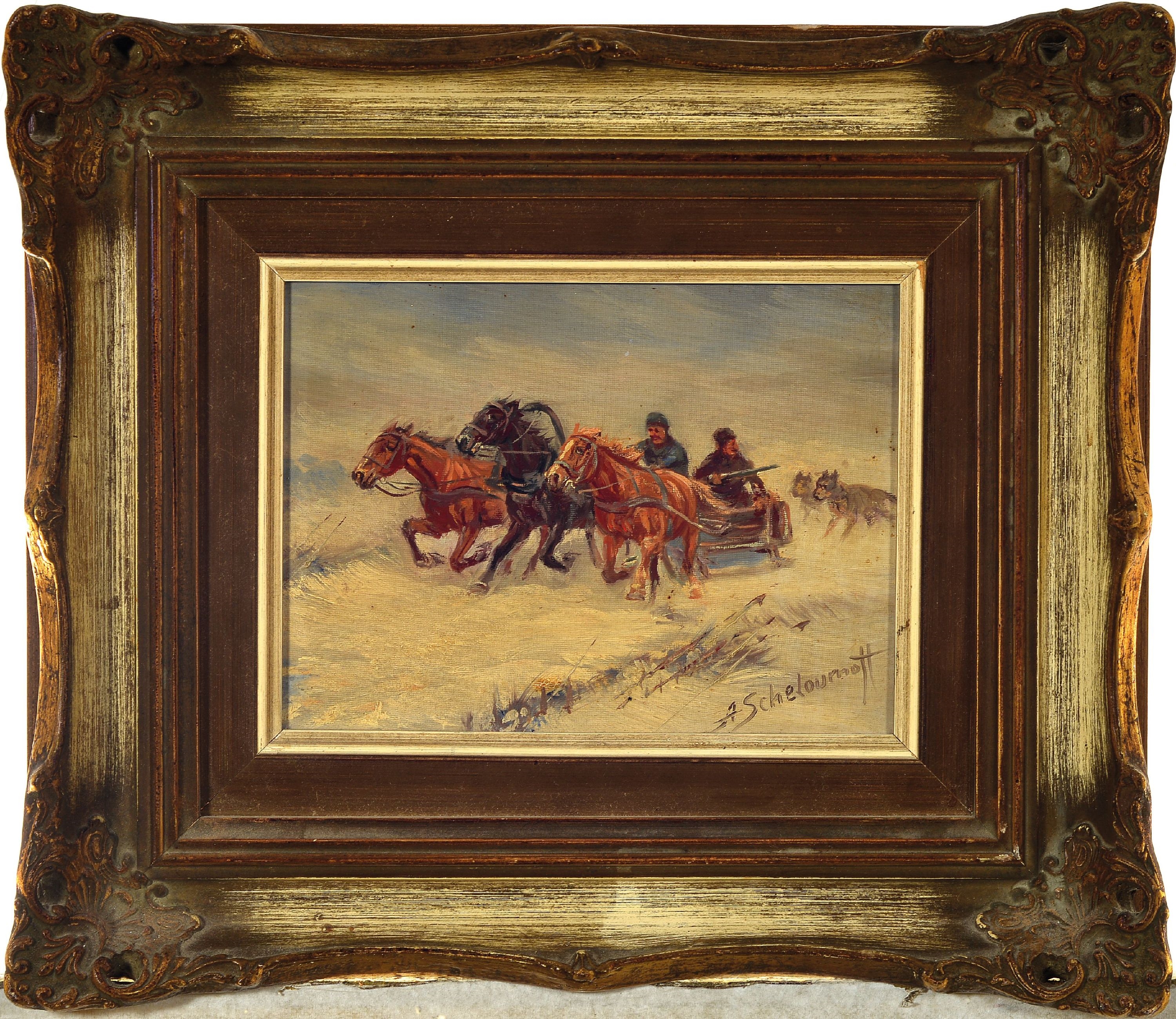 Afanasij Ivanovich Scheloumoff | Troika sleigh chased by wolves | MutualArt
