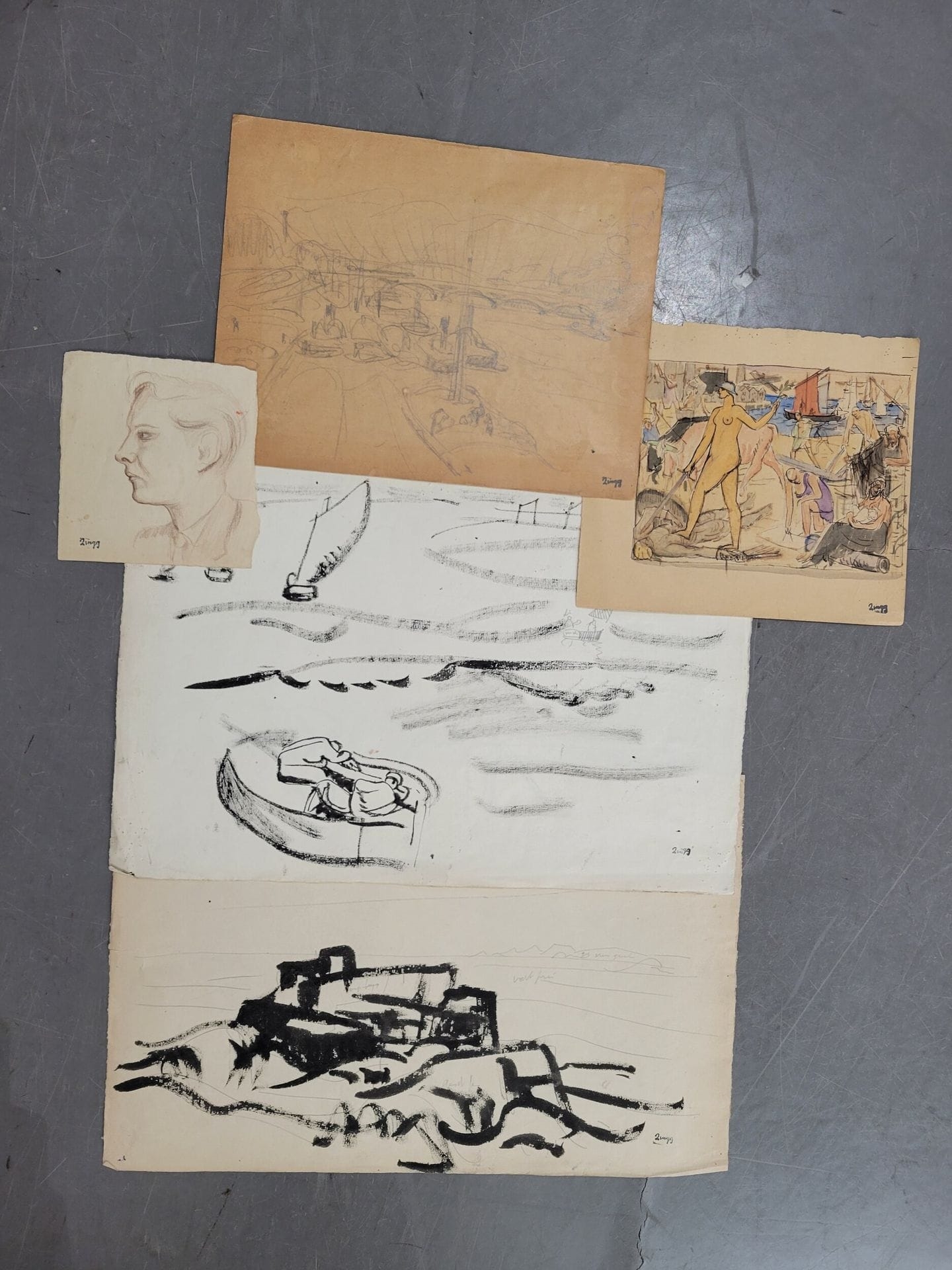 Jules Émile Zingg | Set of five drawings in ink wash and pencil and ...