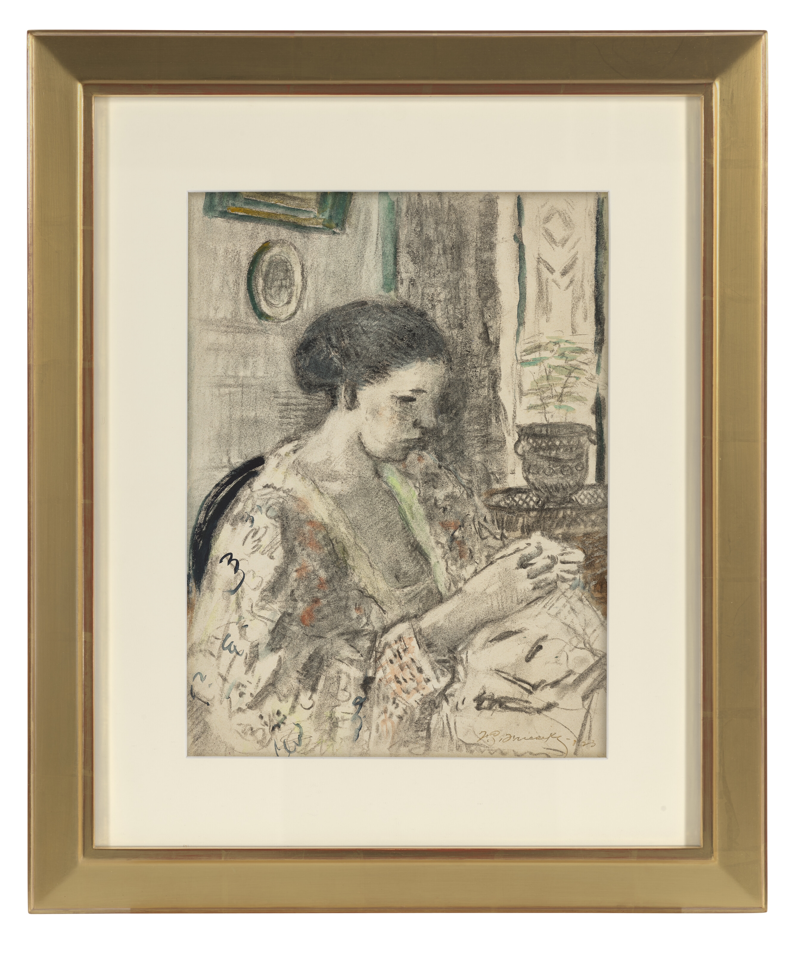 Frederick Carl Frieseke | The Artist's Wife Sewing (1923) | MutualArt