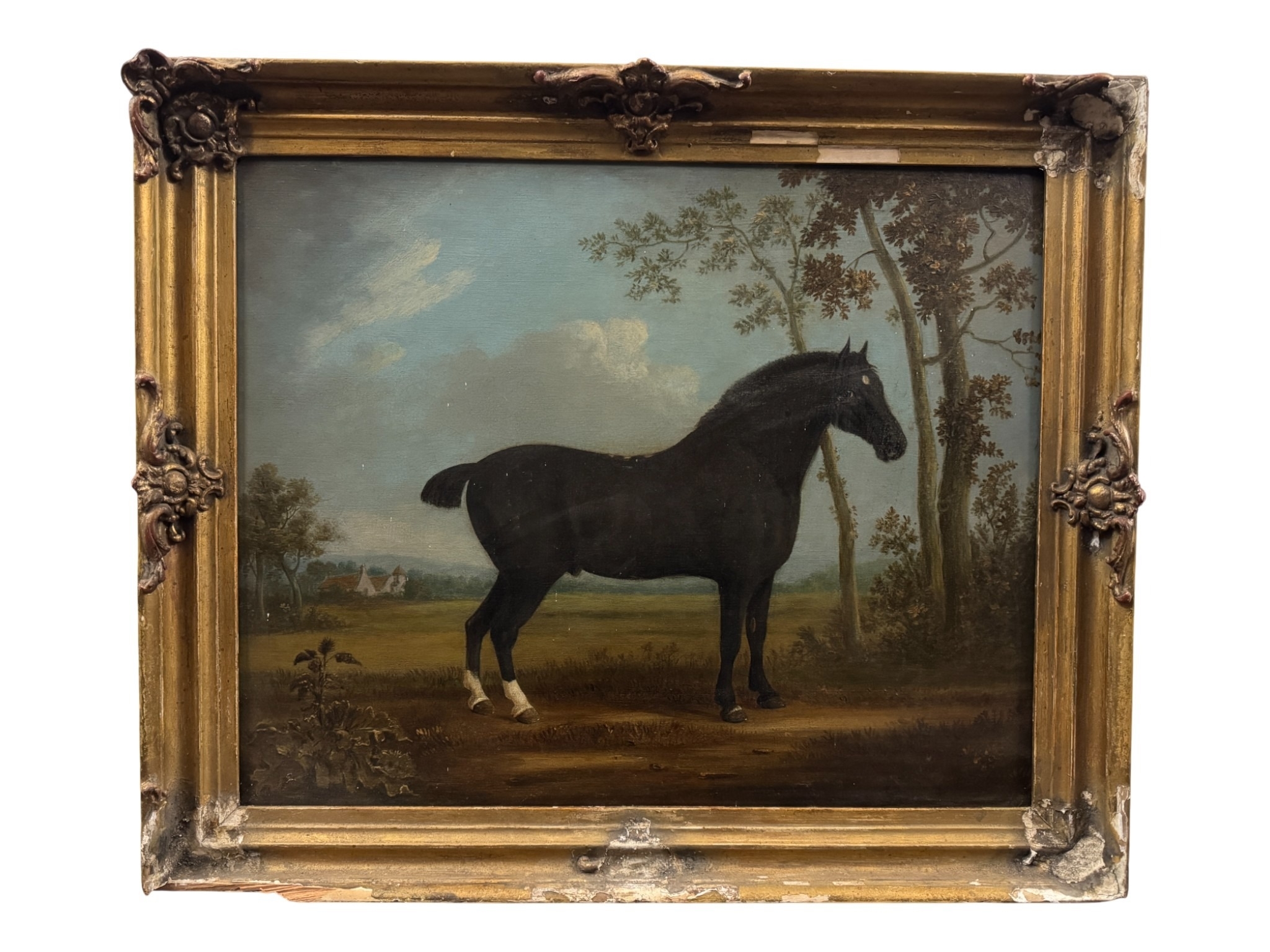 Benjamin Zobel | Portrait of a black horse with a country estate beyond ...