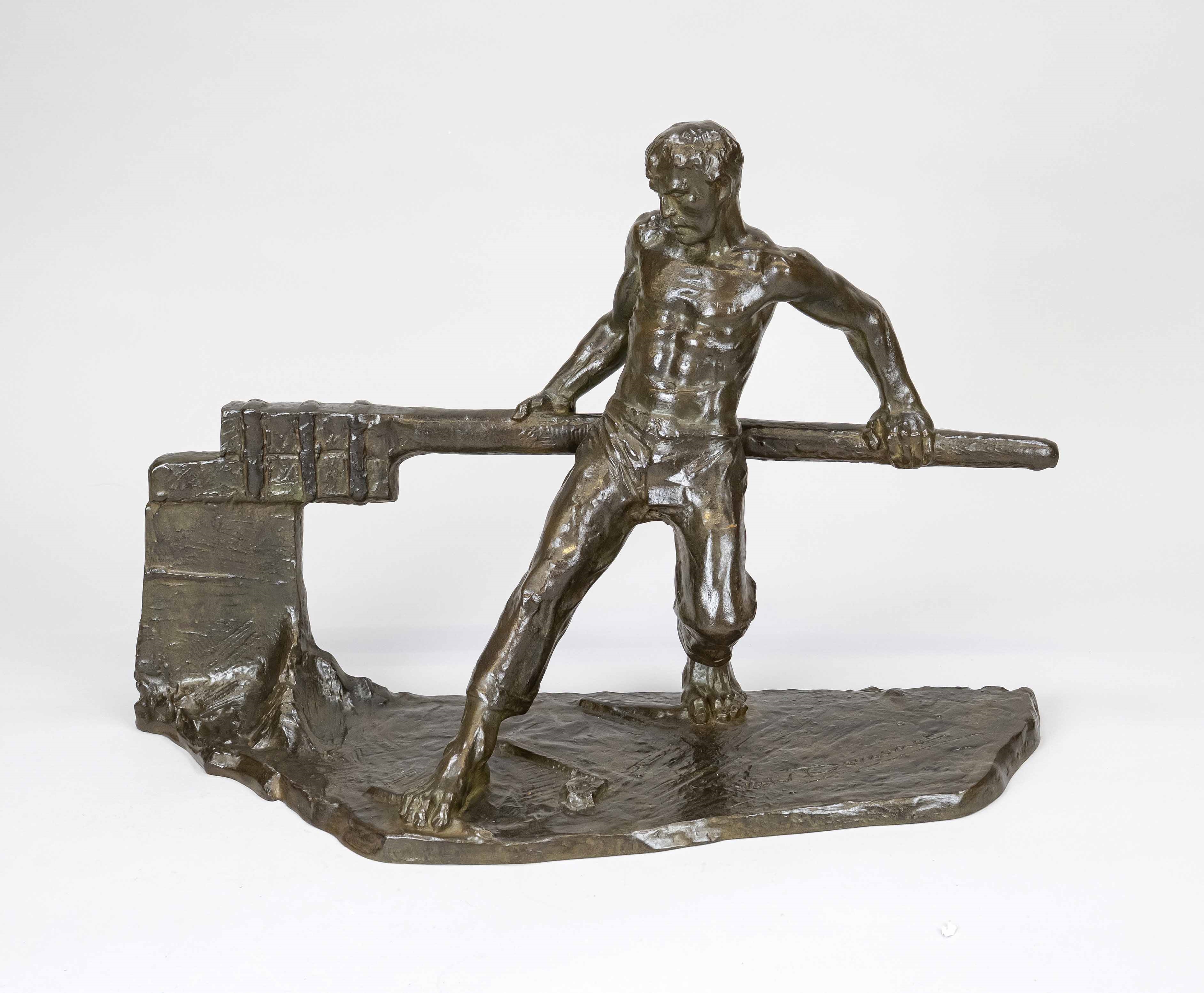 Victor Joseph Ghislain Demanet | large scenic bronze of a man pushing ...