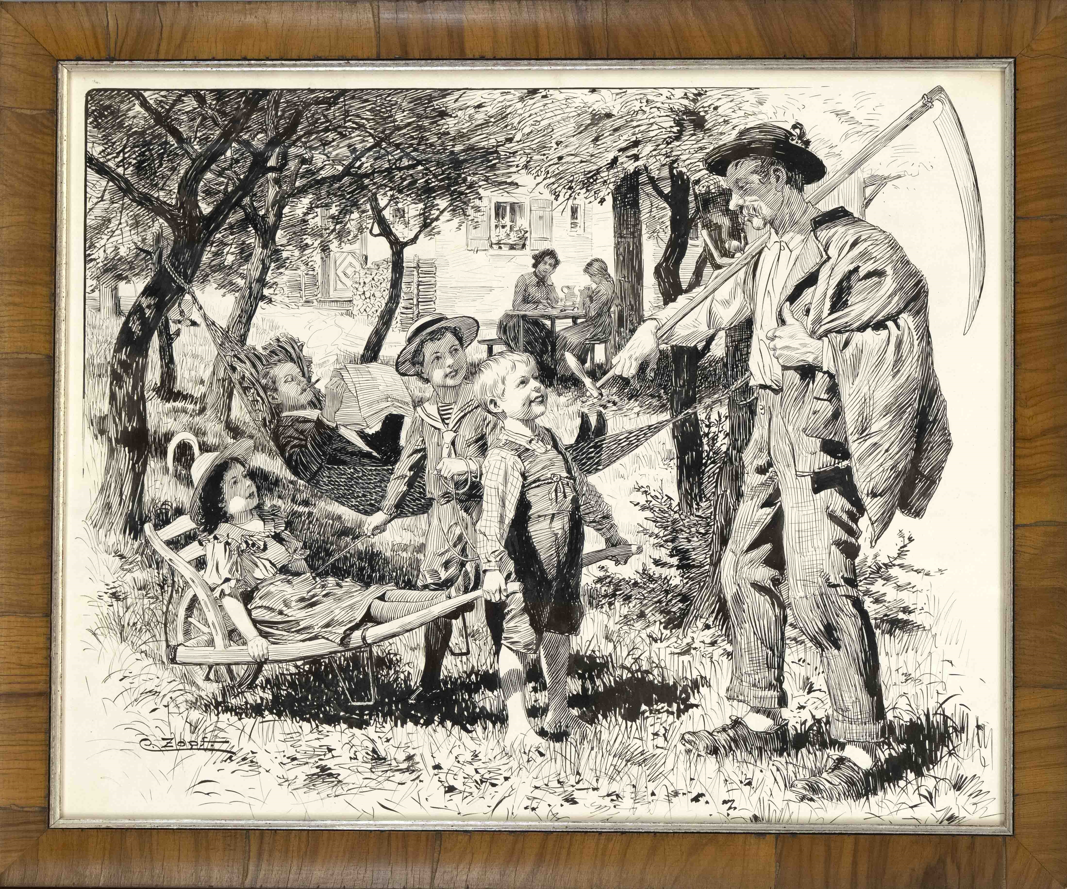 Carl Zopf | atmospheric pen and ink drawing of an idyllic family scene ...