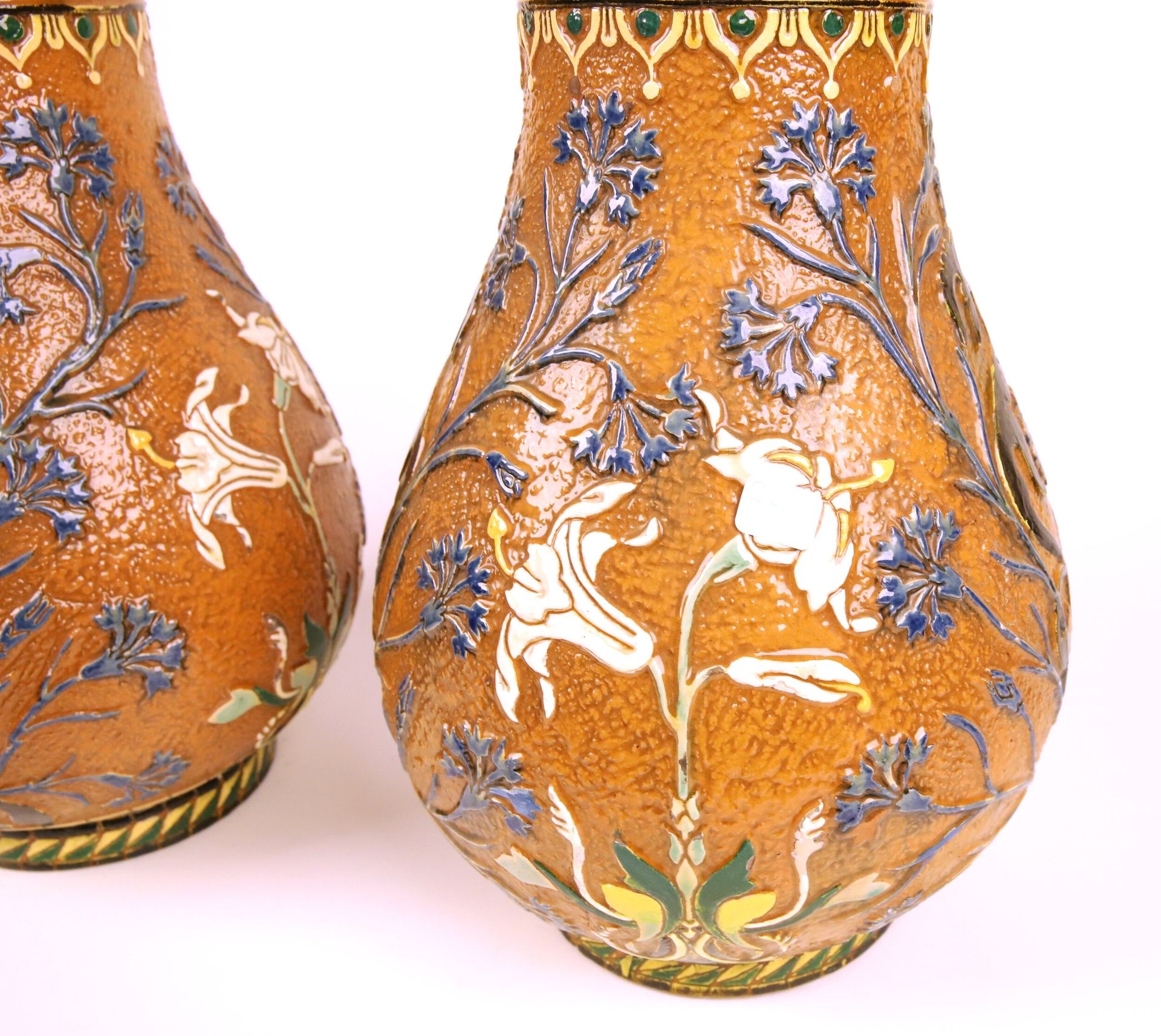 Louis-Robert Carrier-Belleuse | Pair of barbotine vases with flowers in ...