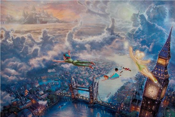 Thomas Kinkade | Peter Pan & Tinker Bell Flying to Neverland Giclee on ...