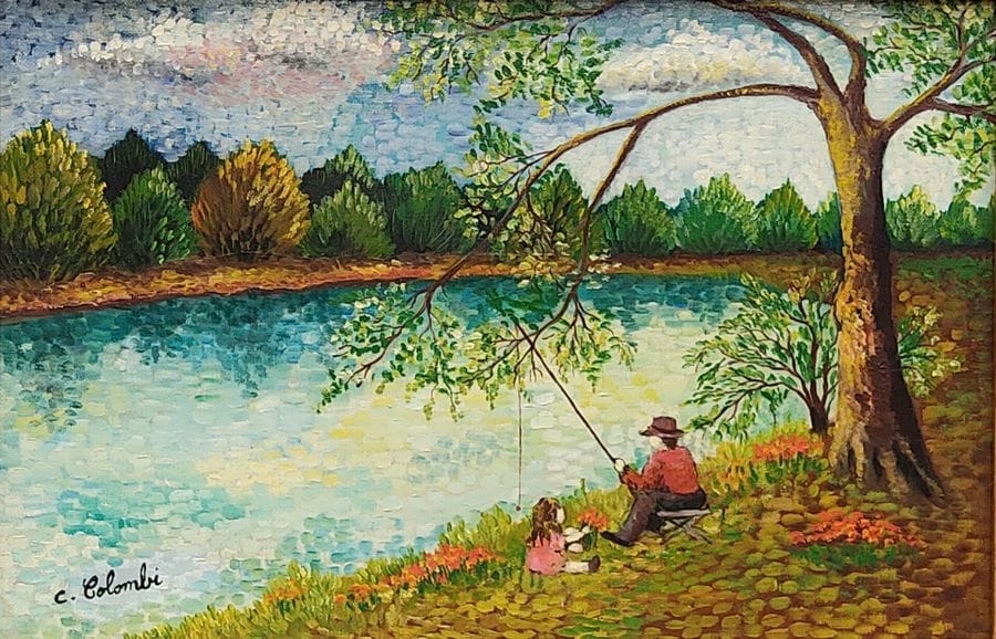 Claudine Colombi | Fisherman and his daughter by the pond | MutualArt