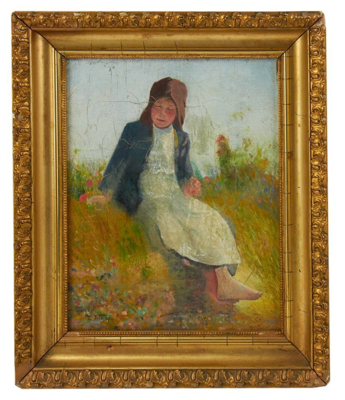Potthast Edward | Young girl sitting amongst grass and wildflowers ...