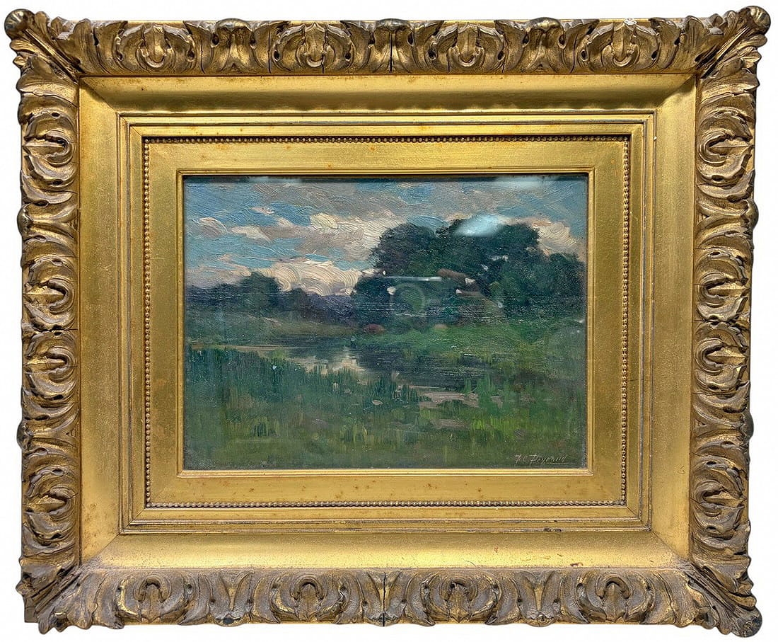 Frank Charles Peyraud | A landscape with river, trees, and a cloudy sky ...