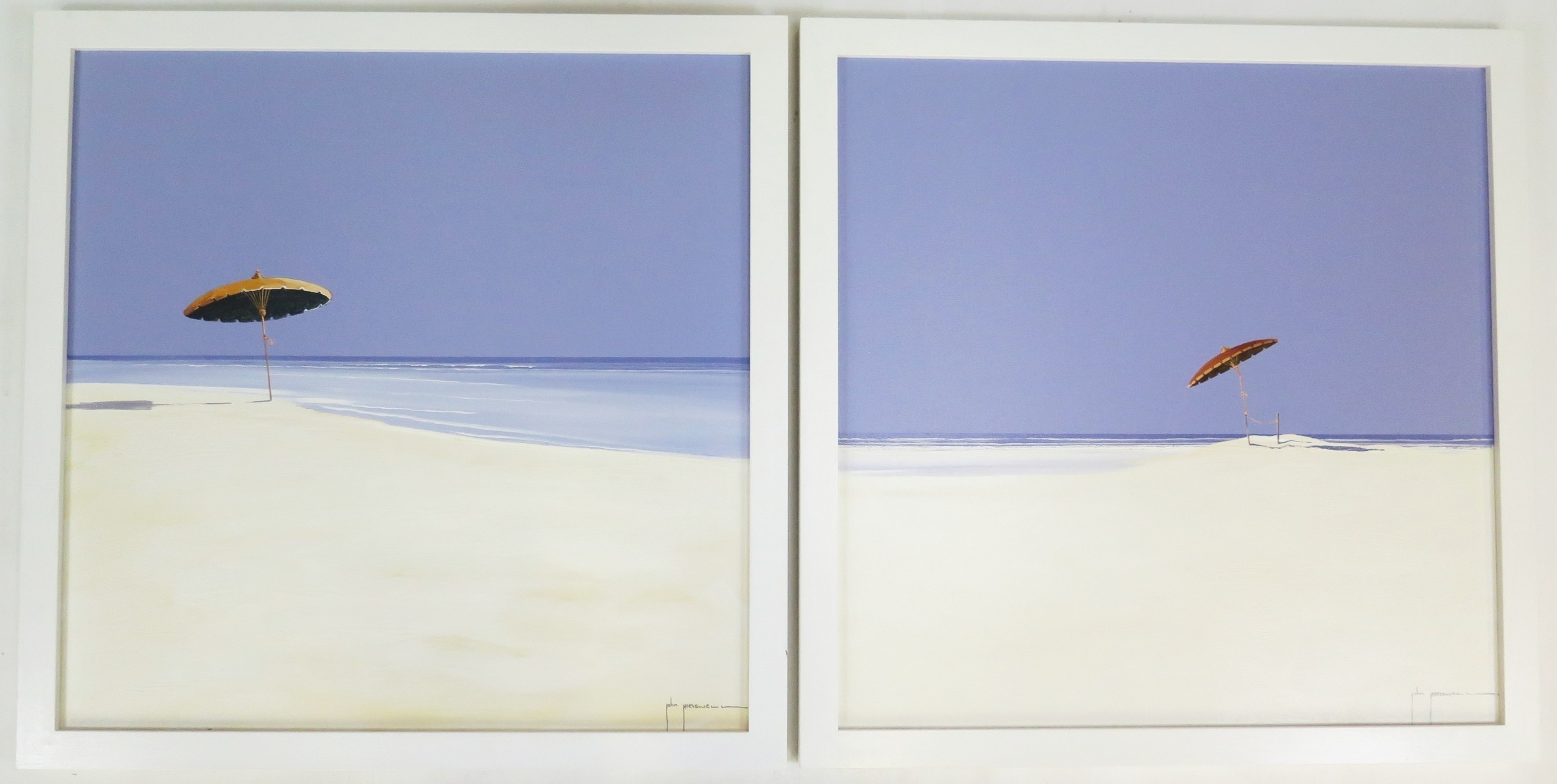 John Horsewell | A pair of tranquil beach scenes with parasols | MutualArt