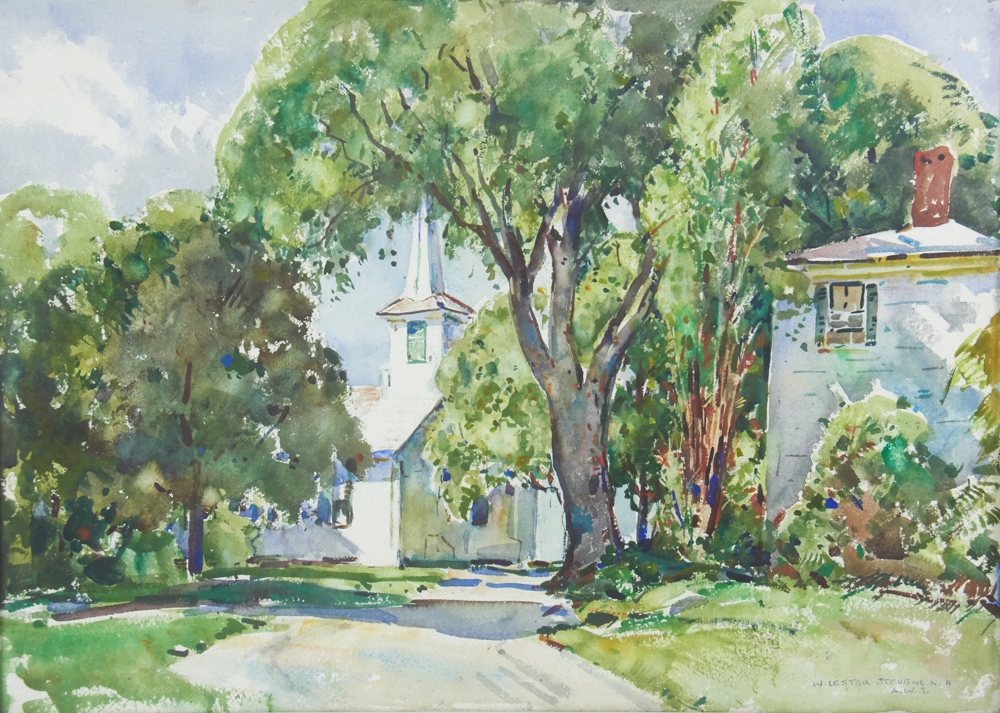 William Lester Stevens | Town Church, Watercolor | MutualArt