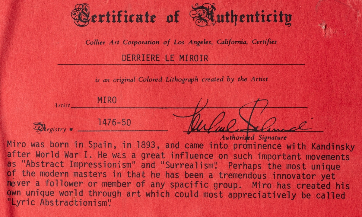 Joan Miró | Derriere Le Miroir | MutualArt