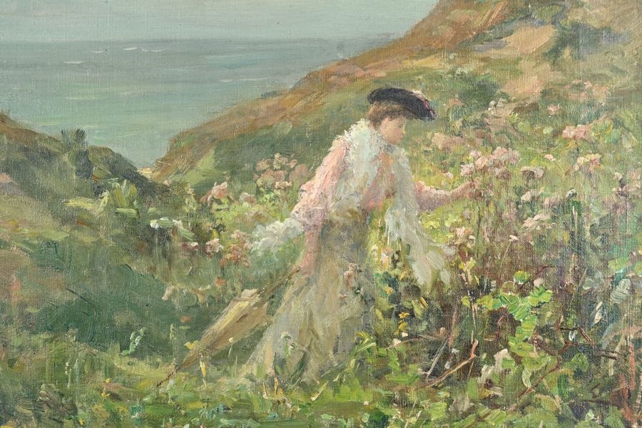 Auguste Michel Nobillet | Elegant woman picking flowers by the sea ...