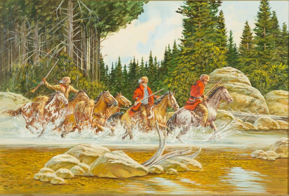 Watt Harold | Fur trappers fording a river on horseback | Compare ...