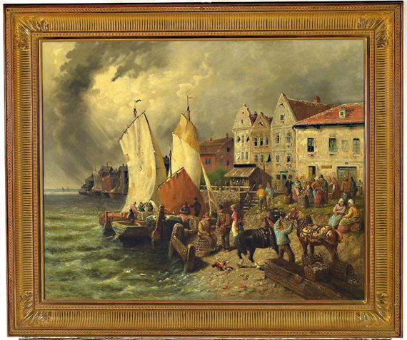 Auguste Mayer | Dutch harbor scene, moving figure staffage | MutualArt