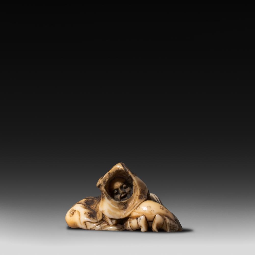 Minzan | A Japanese hippo ivory netsuke of a ghost sneaking up on a ...