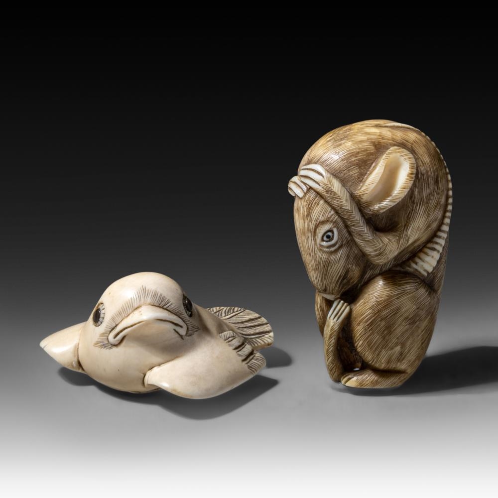 Japanese School, 20th Century | Two Japanese ivory netsuke of a ...