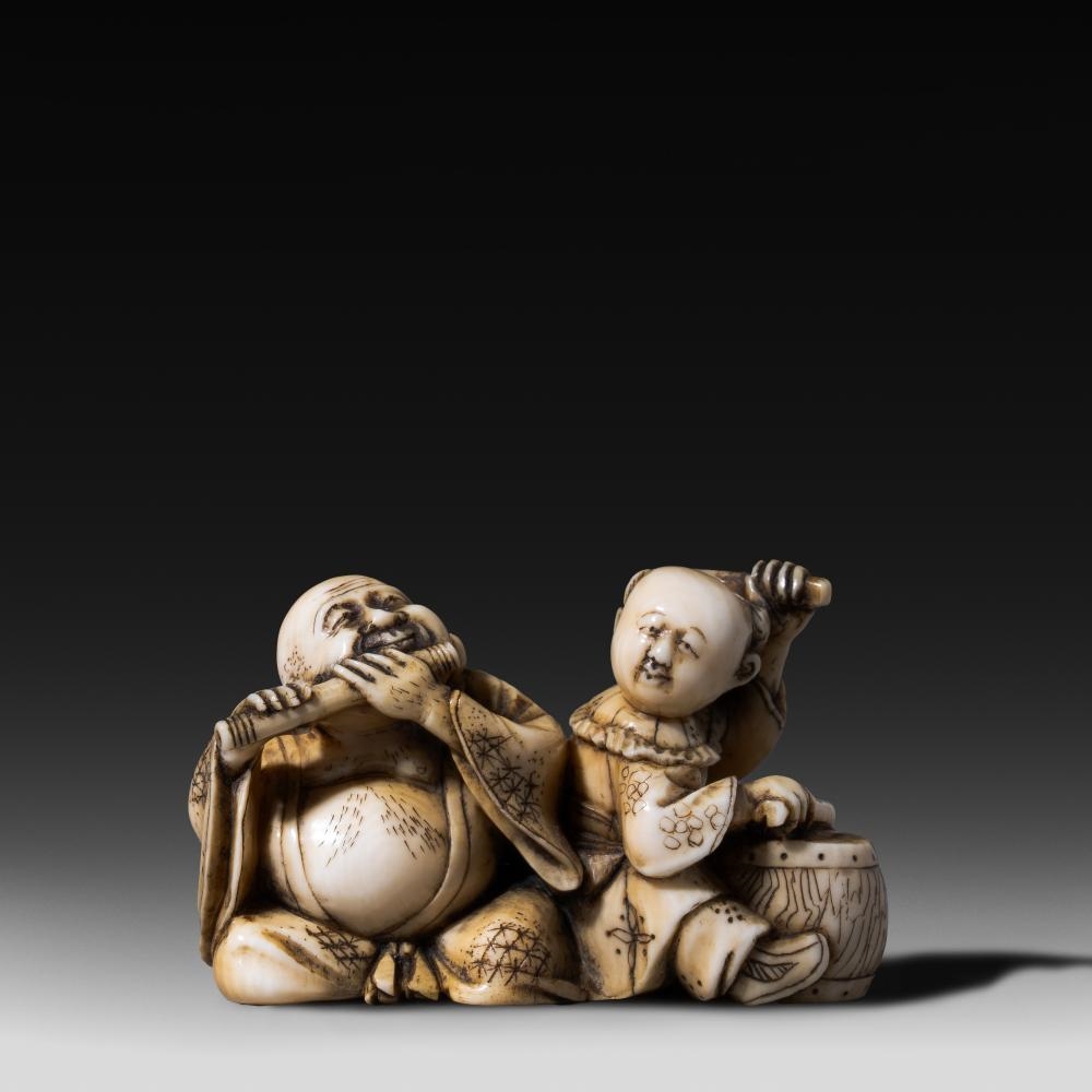 Japanese School, 20th Century | A Japanese ivory netsuke of hotei and a ...