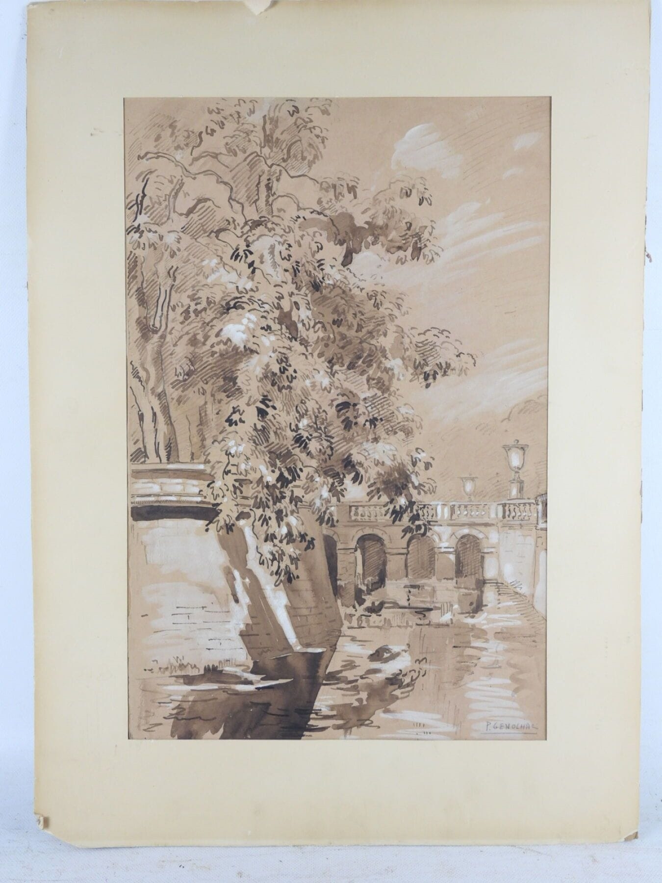 Pierre Albert Génolhac | Bridge in Paris ? Drawing in ink wash and ...