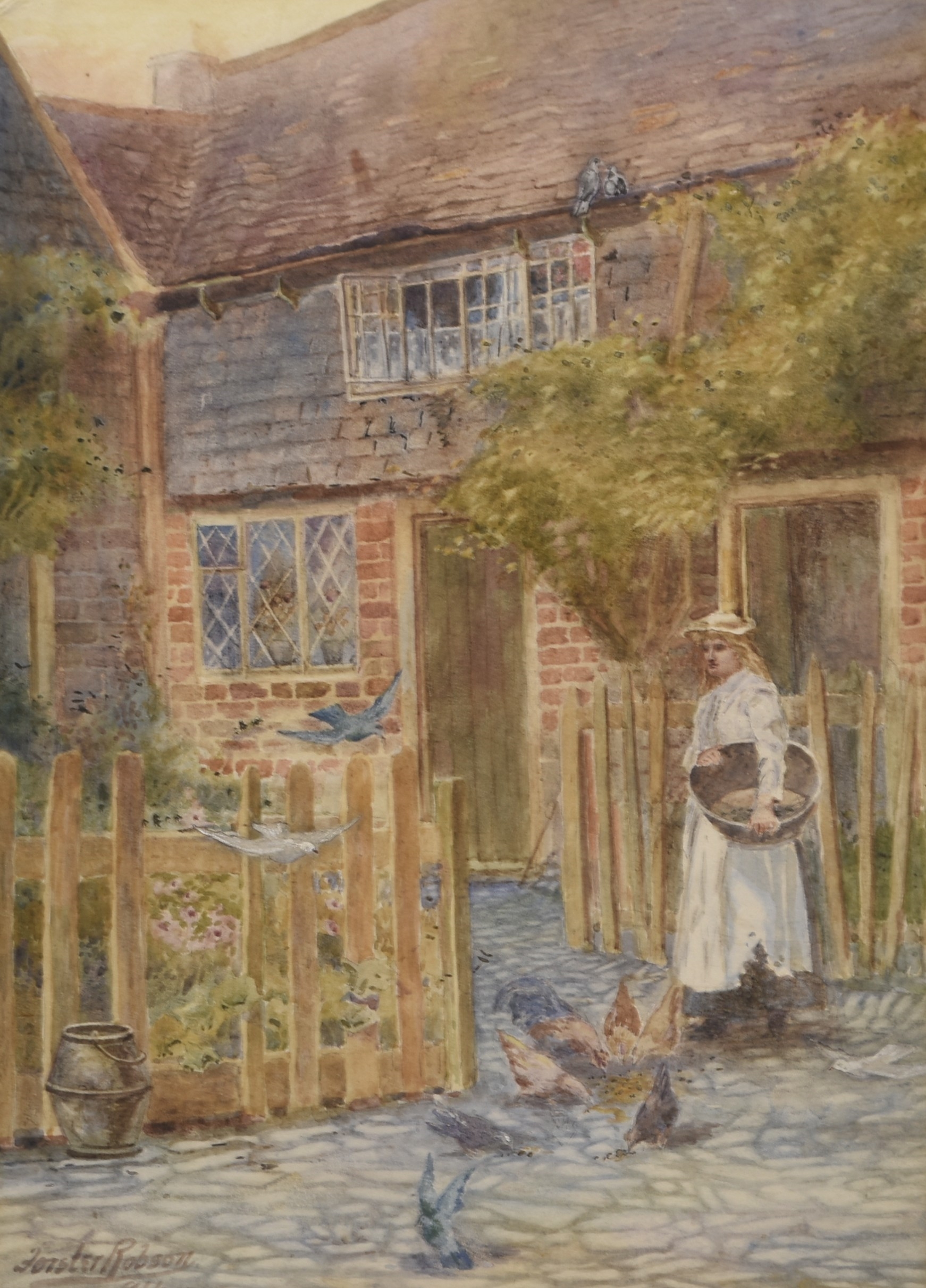 Robson Forster | A Young Woman Feeding Chickens outside a country ...