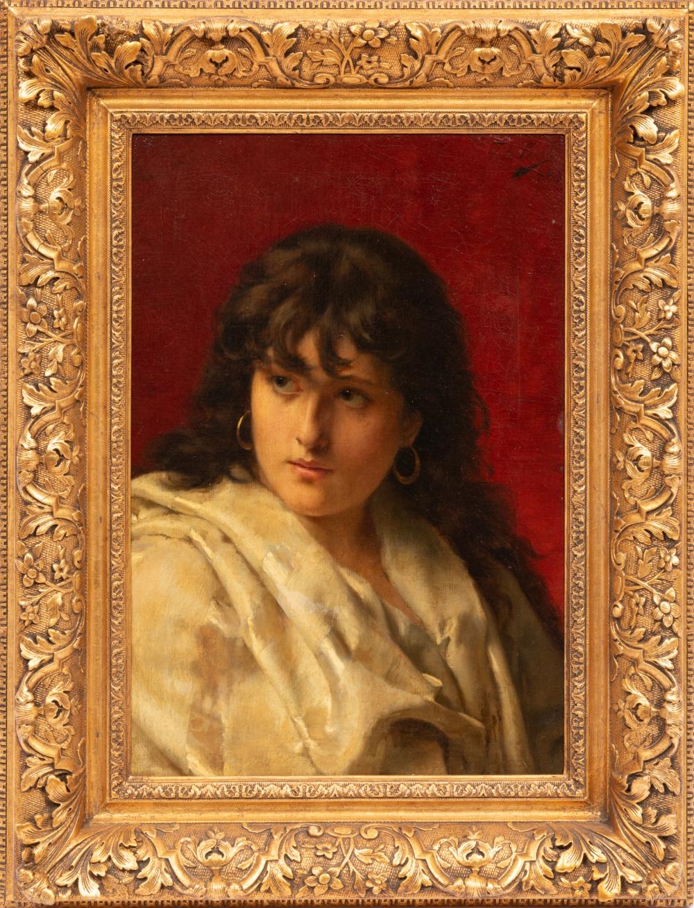 Tito Conti | Portrait of a Young Woman in a White Dress against a Red ...