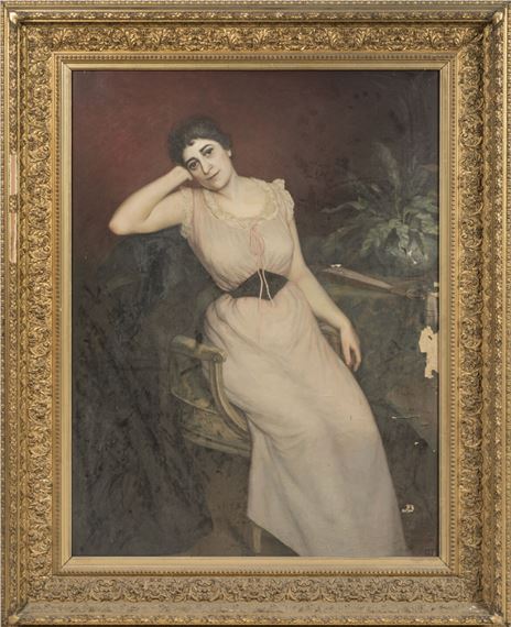 Jean Chaudier | Portrait d'une femme en robe rose (1895) | MutualArt