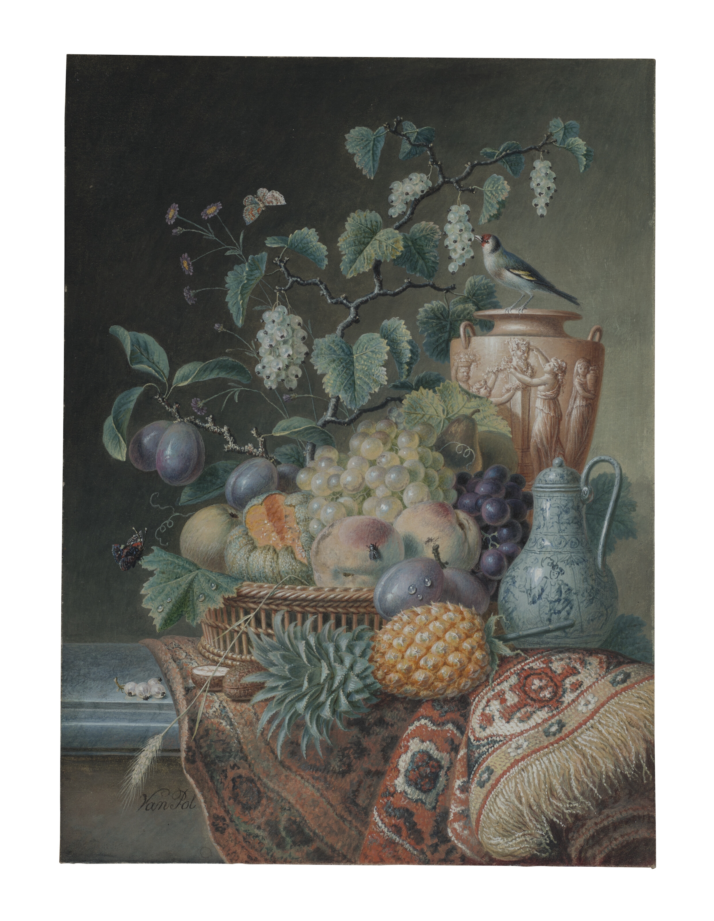 van Pol Christiaen | A basket of fruit on a stone ledge with a ...