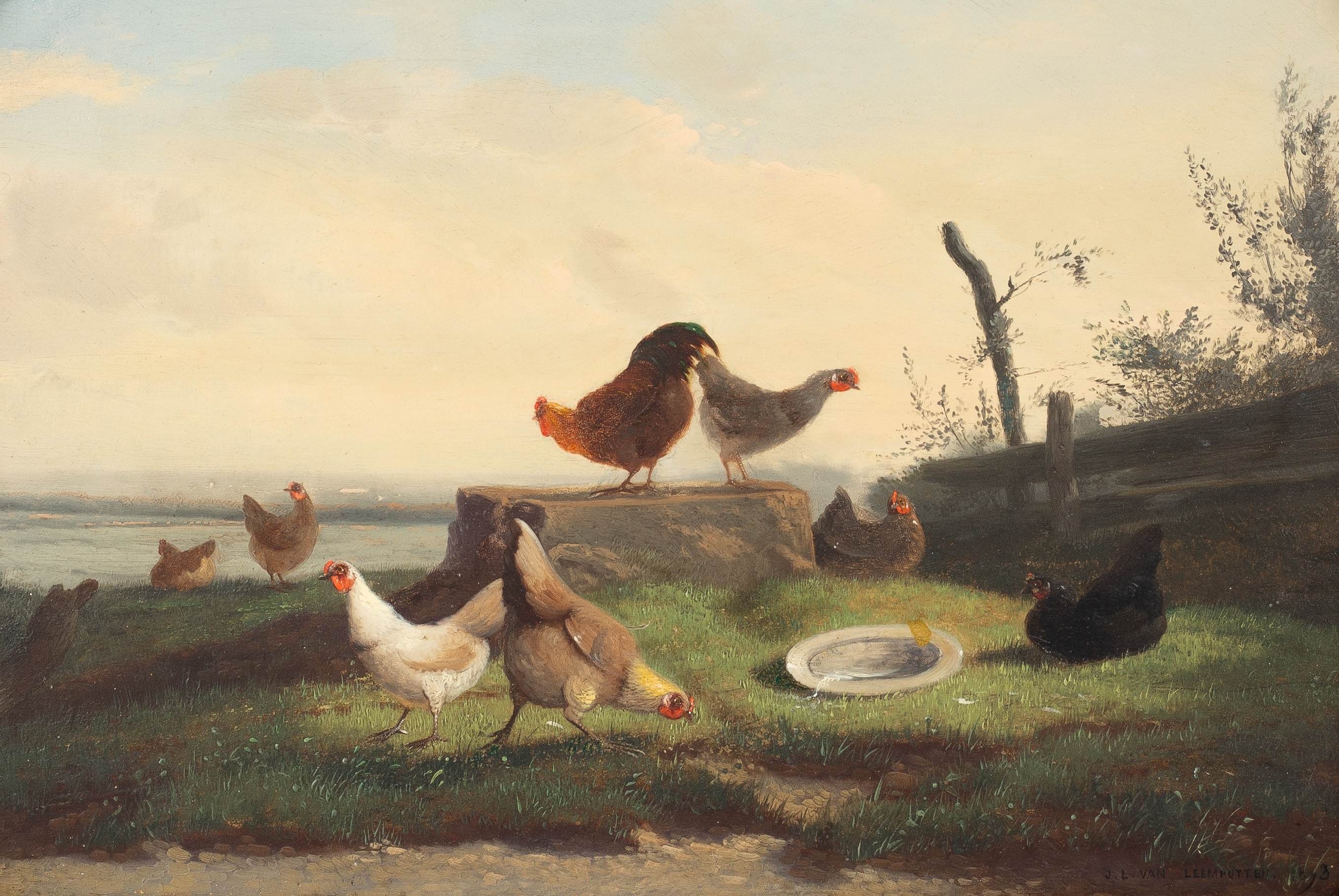 van Leemputten Johan Lodewijk | Chickens in a Landscape, an Estuary ...