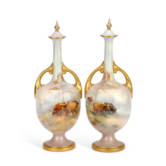 Harry Davis | A PAIR OF ROYAL WORCESTER TWO-HANDLED VASES AND COVERS ...
