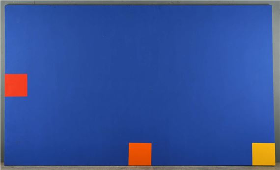 John Plumb | large blue canvas with yellow and orange squares | MutualArt