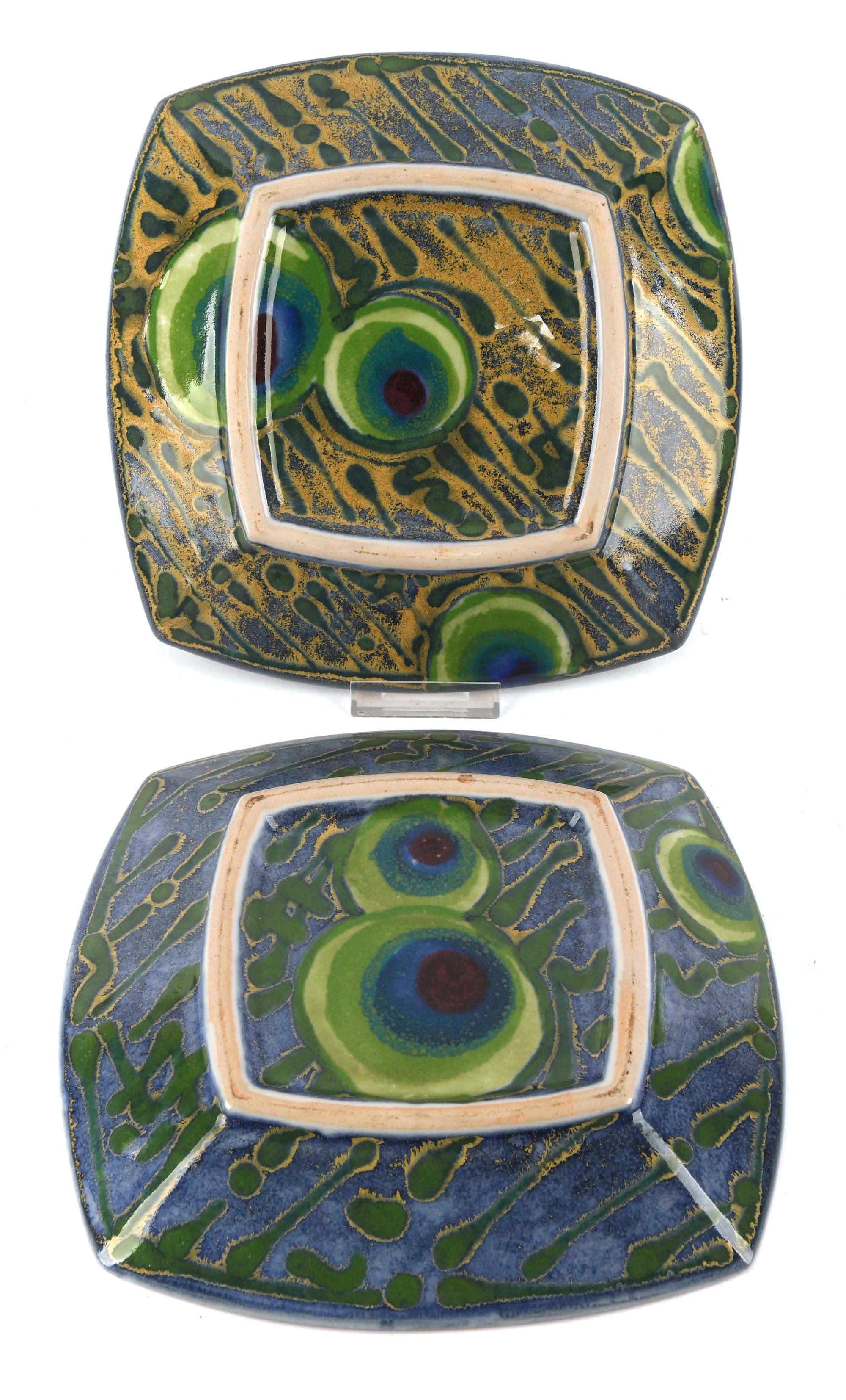 Janice Tchalenko | Peacock pattern, two square pottery plates | MutualArt