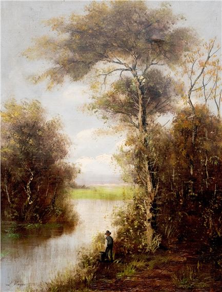Louis Mayer | Oil on Canvas Painting depicting a peaceful riverside ...