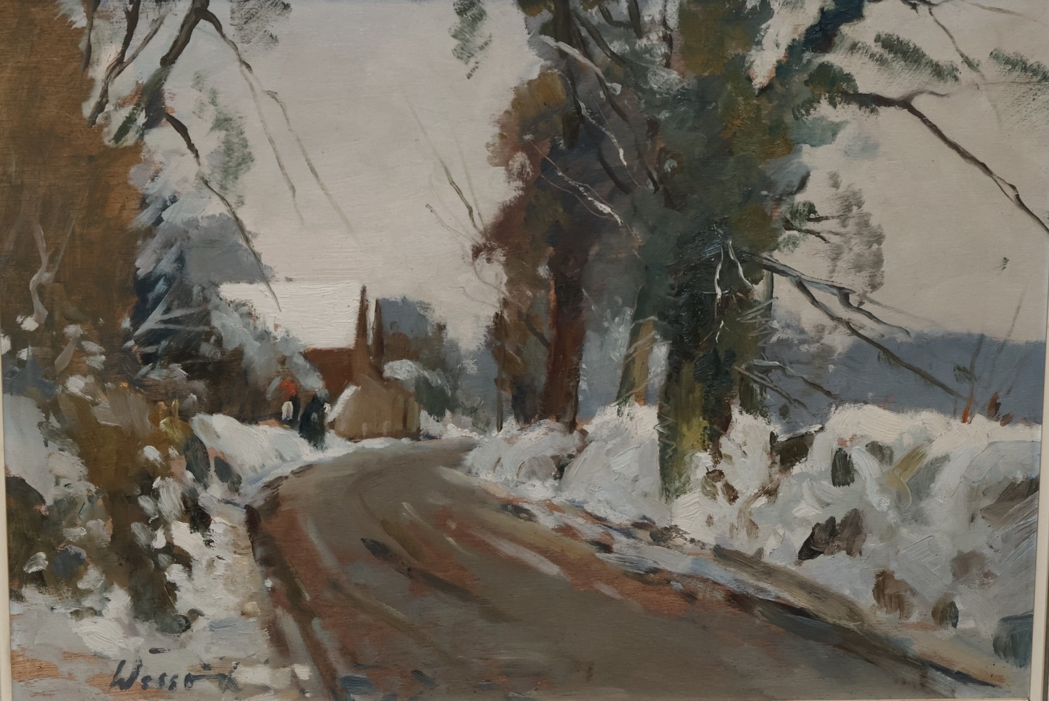 Edward Wesson | snow scene of roadway with buildings in background ...
