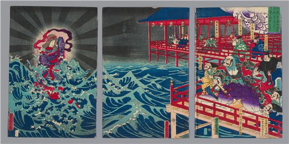 Utagawa Yoshitora | Triptych of Miyajima Benzaiten and Lord Kiyomori ...
