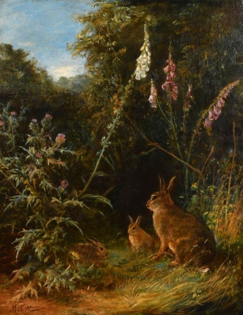John MacWhirter | Rabbits amongst Foxglove and Thistles | MutualArt