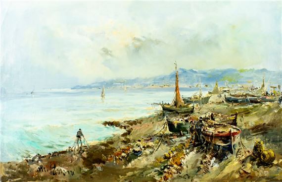 Mario Passoni | Coastal Scene with Fishing Boats | MutualArt