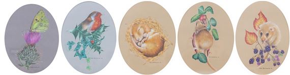 Jane Braithwaite | Mice Butterfly and Robin, set of five oval ...