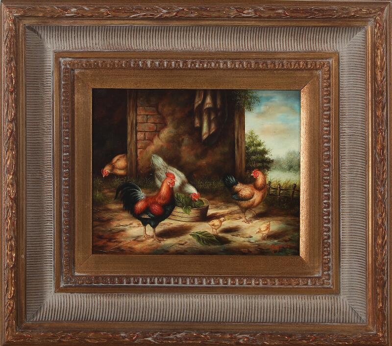 Byron Browne | Farm exterior with chickens (20th Century) | MutualArt