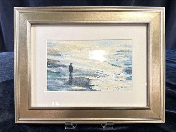 Catherine Hillis | Framed watercolor painting of person fishing | MutualArt