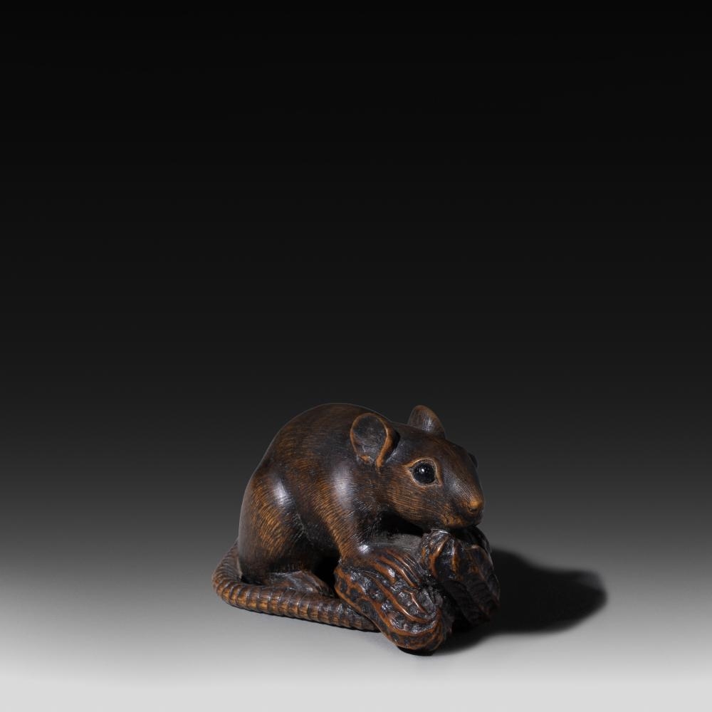 Masanao | A Japanese wood netsuke of a rat with peanuts | MutualArt