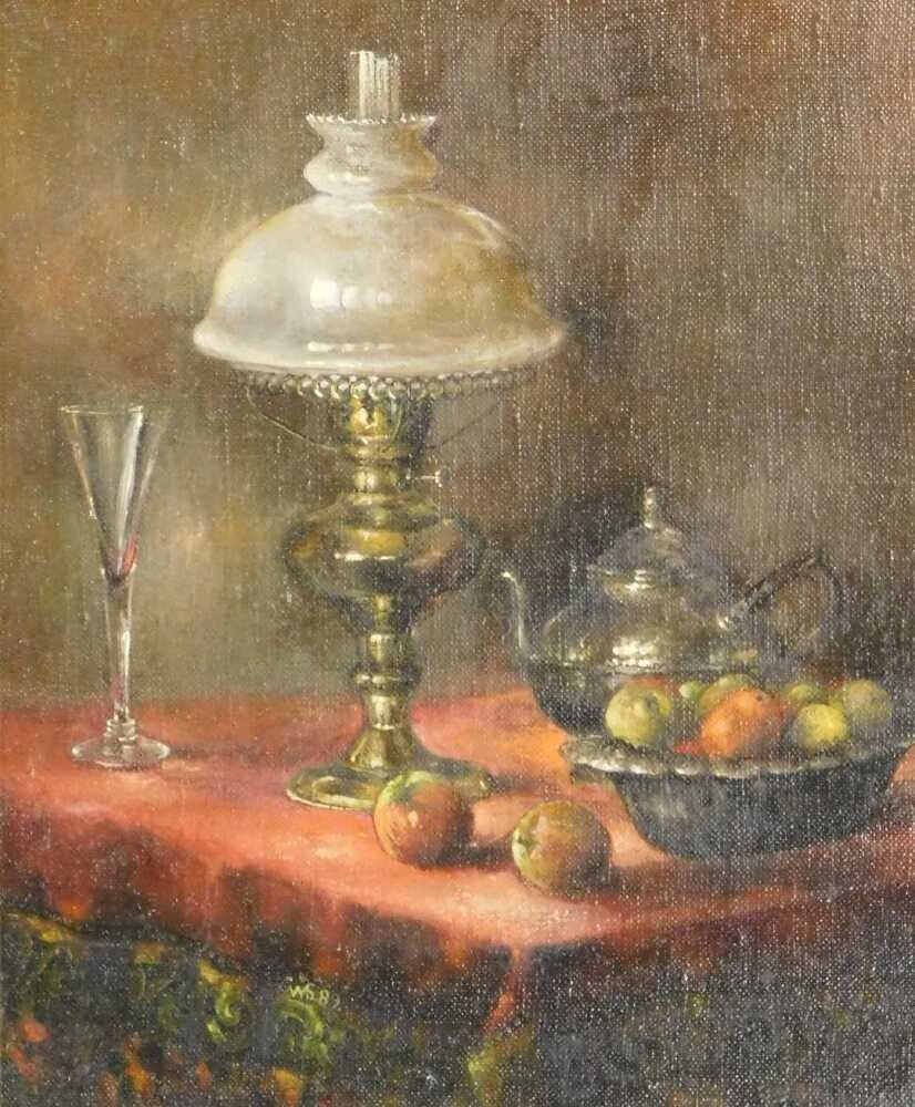 Waclaw Sobiezoj | Still life with fruit, silver plate and oil lamp ...