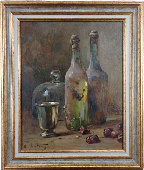 Renè-Louis Chretièn | Nature morte aux bouteilles et timbale en argent ...