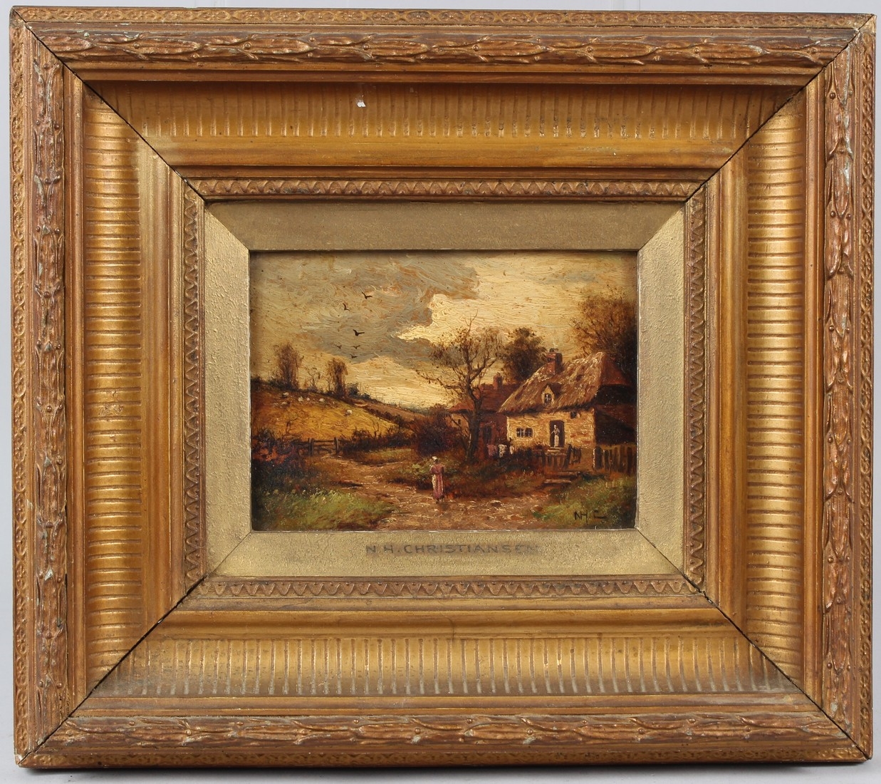 Nils Hans Christiansen | Landscape with figure on a lane with cottage ...