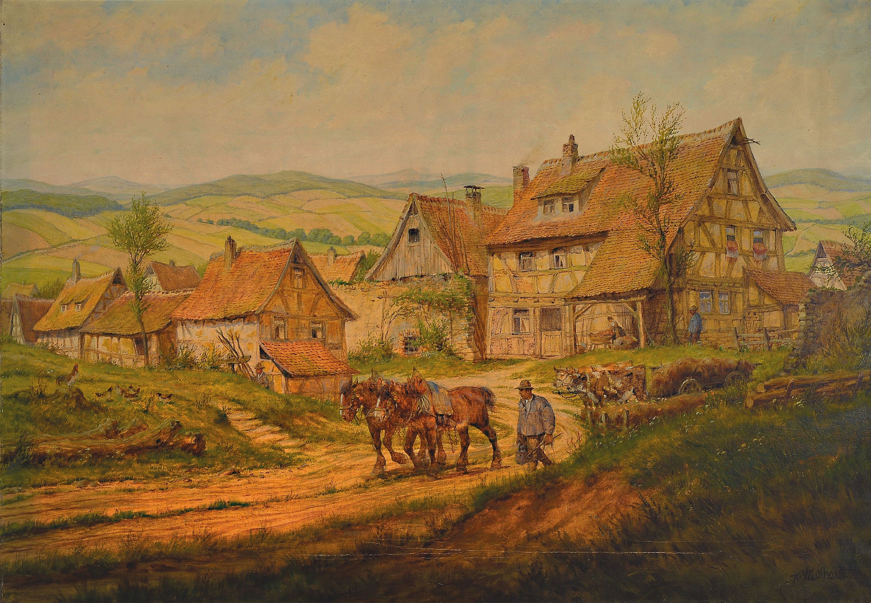 Karl Luckhardt | view of a village with half-timbered houses, carts and ...