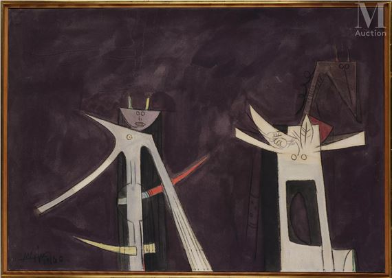 Wifredo Lam | Fond mauve et figures blanches (1960) | MutualArt