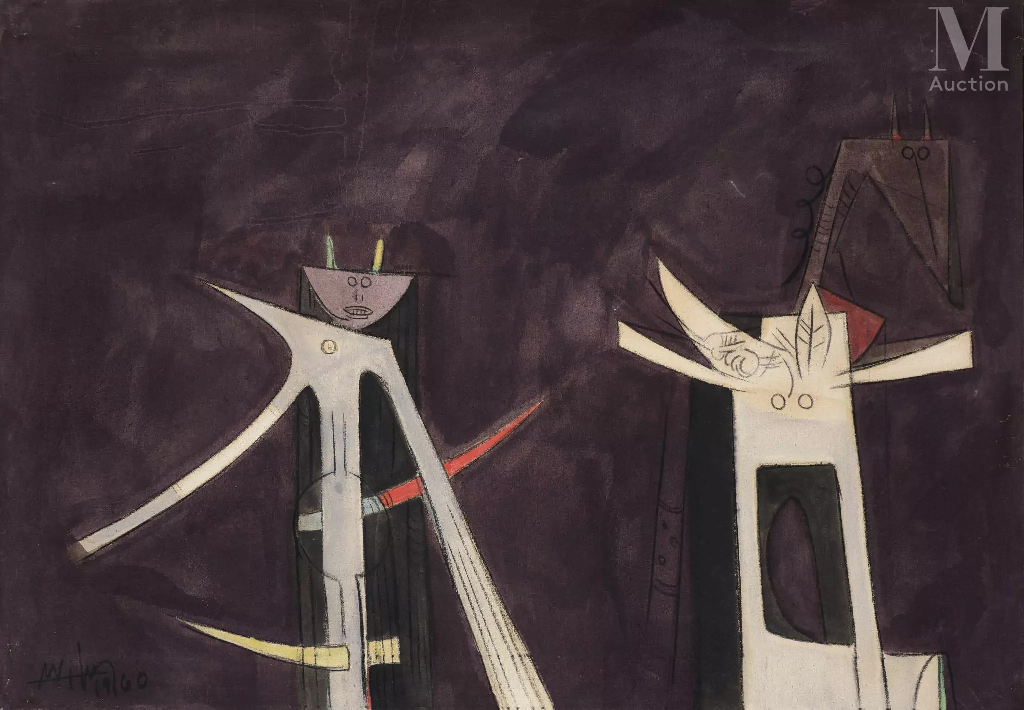 Wifredo Lam | Fond mauve et figures blanches (1960) | MutualArt